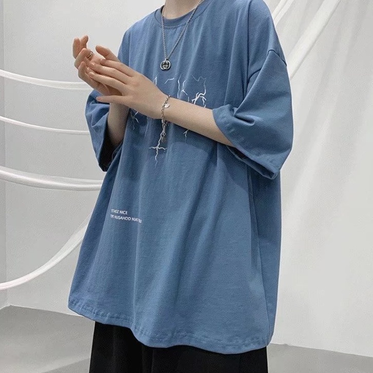 短袖T恤男M-8XL 閃電印花 夏季潮牌ins 寬鬆港風t恤 五分袖 情侶裝流行 慵懶風 學院風百搭休閒 韓版日系 | 蝦皮購物