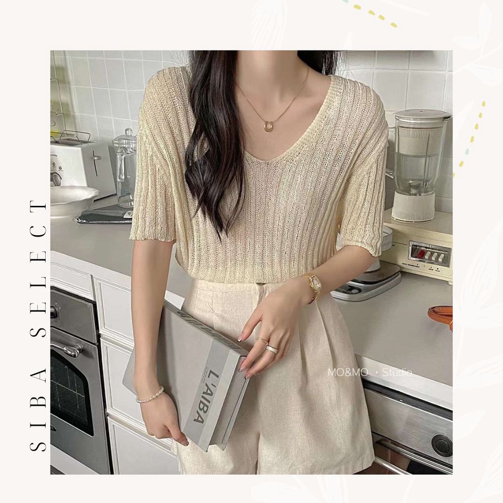 【SiBA Girl】momo-6058 現貨 V領坑條薄針織上衣 3B | 蝦皮購物