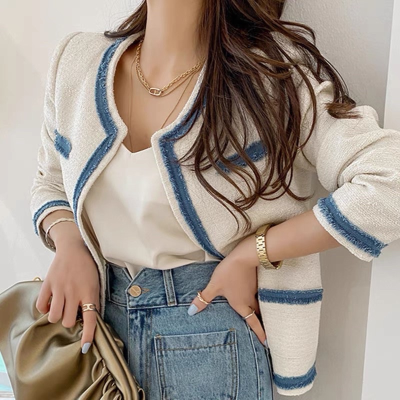 【現貨｜當天出貨】韓國chic小香風圓領藍色撞色滾邊粗花呢外套【8210】msstudio | 蝦皮購物