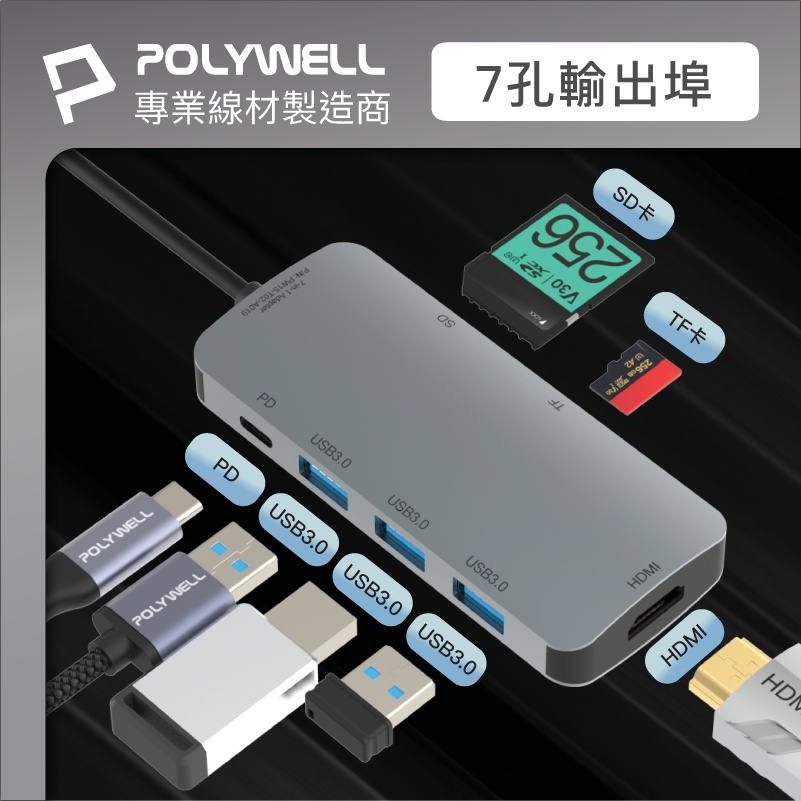 POLYWELL 7合1轉接器 type C 轉 HDMI USB3.0 3孔 SD MicroSD 讀卡器 | 蝦皮購物