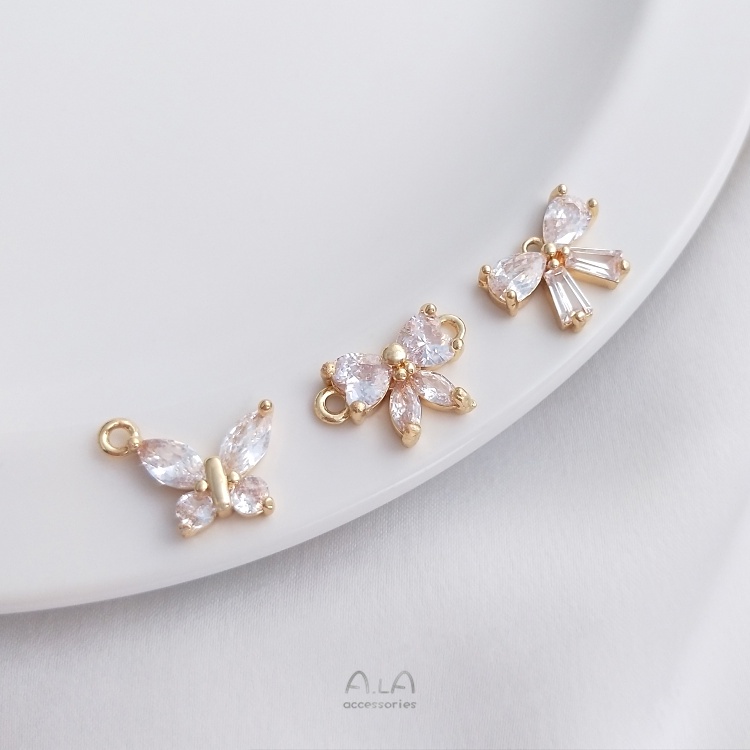 Ala-14K鍍金保色鋯石雙吊小蝴蝶吊墜單吊蝴蝶結diy手鏈首飾品耳環吊飾 | 蝦皮購物