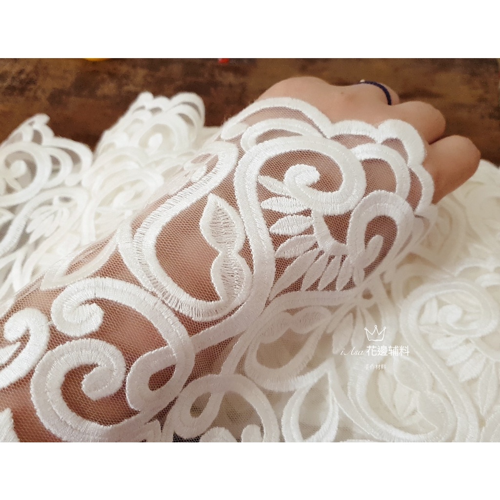 《iAsa愛莎の》手作材料 米白色宮庭風雙邊棉繡網紗刺繡花邊DIY婚紗拼布服裝輔料寬19cm | 蝦皮購物