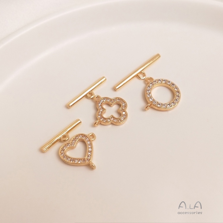 Ala-14K鍍金保色鍍真金色微鑲鋯石幸運草愛心OT扣手鏈項鏈連接扣DIY配件 | 蝦皮購物