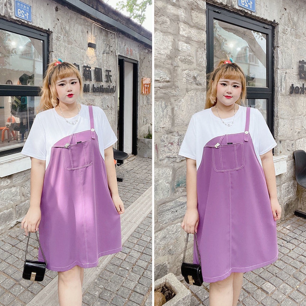 魅力女士 大尺碼連衣裙 女生洋裝 胖妹妹裙子 洋裝 慵懶風夏季加大碼胖MM2-300斤休閑炸街減齡明線背帶假兩件連衣 | 蝦皮購物