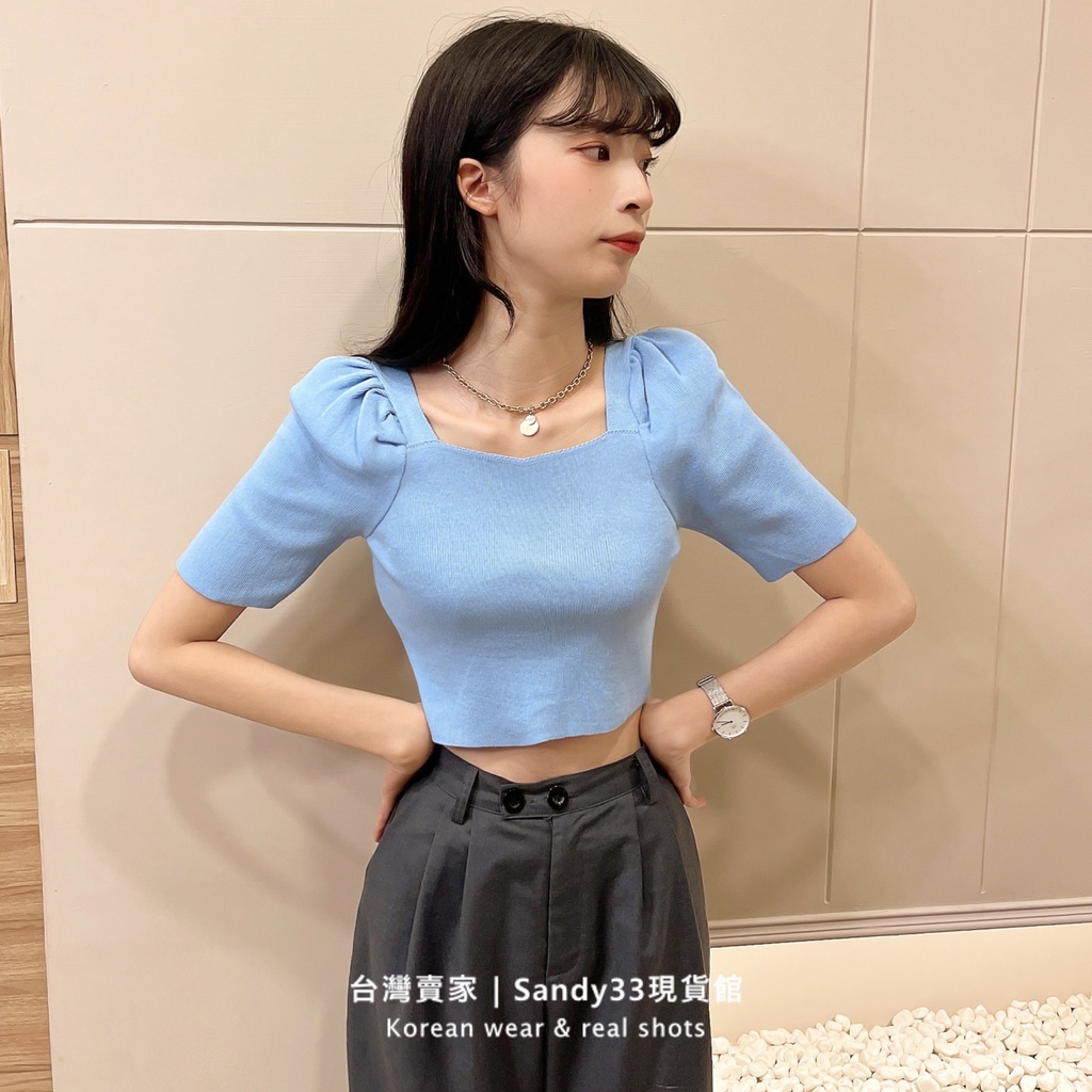 方領泡泡袖針織上衣【C-9979】33春夏新款韓系復古INS低胸氣質貼身上衣 短版上衣 五分袖上衣 女生上衣 | 蝦皮購物