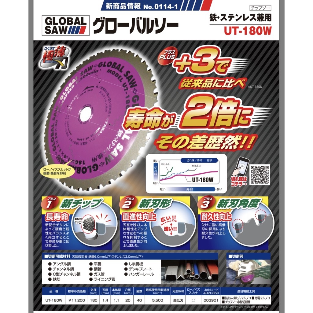 GLOBAL SAW モトユキ MOTOYUKI 超硬陶瓷合金鋼丸鋸片 鎢鋼鋸片(鐵、白鐵用) UT-180W | 蝦皮購物