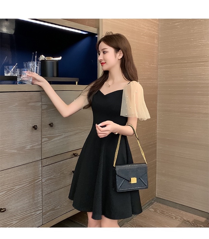 🎀Hanagirl 正韓 名媛氣質小黑裙 赫本風網紗珍珠短袖洋裝 E080 | 蝦皮購物