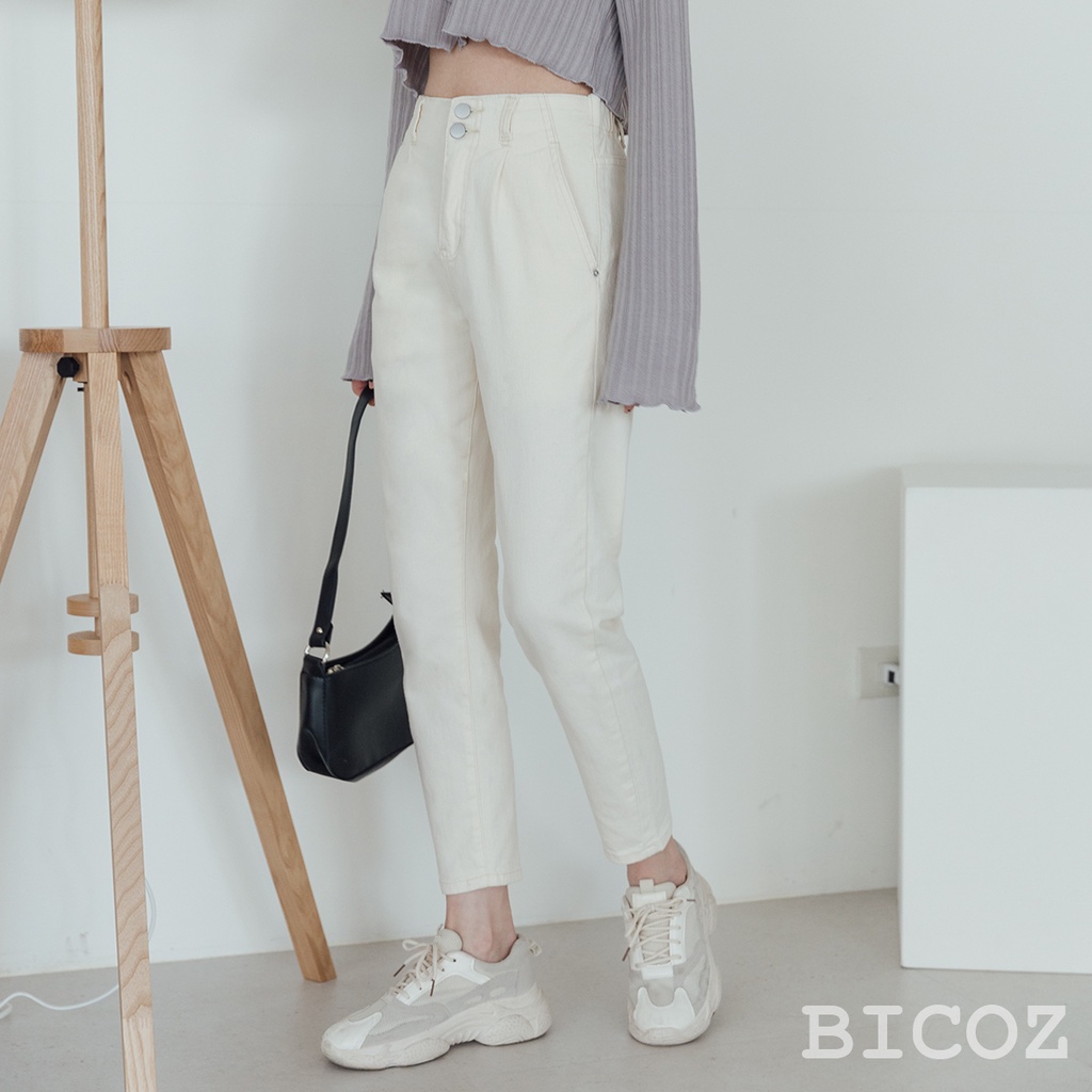 BICOZ｜高腰雙排釦百搭男友褲 S~2L 彈性牛仔褲 直筒褲 牛仔褲 奶油色 休閒褲 高腰牛仔褲【22368】 | 蝦皮購物