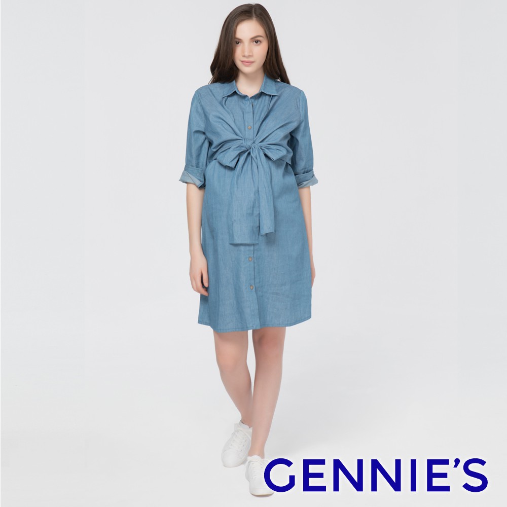 【Gennies 奇妮】多穿法丹寧風哺乳洋裝-藍(T1L17) | 蝦皮購物