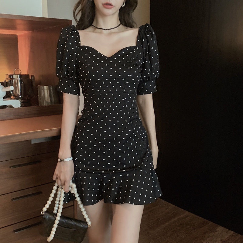L~4XL大碼 女生短袖洋裝 韓版 寬鬆 波點 黑色 方領 連衣裙 學生 時尚百搭 ins潮 chic顯瘦 一字肩連身裙 | 蝦皮購物