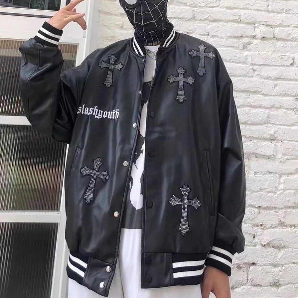 《KRstudio》 貼鑽十字架PU皮衣重磅硬挺棒球外套 | 蝦皮購物