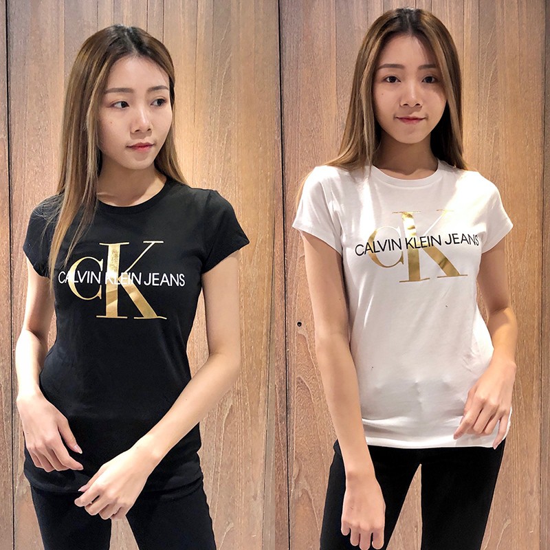 美國百分百【全新真品】Calvin Klein T恤 CK 女 短袖 圓領 T-shirt 燙金logo AA19 | 蝦皮購物