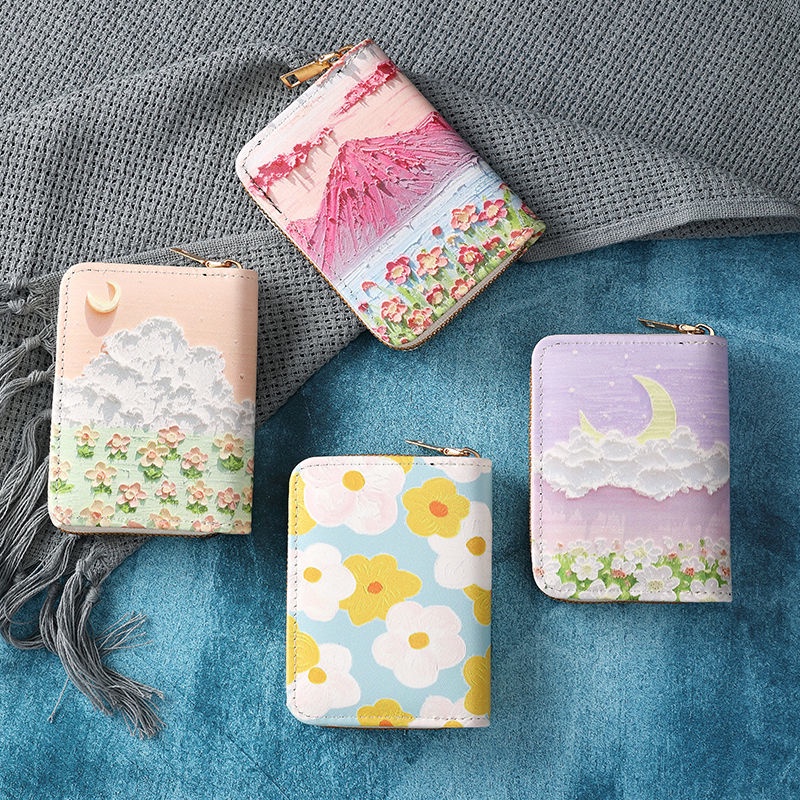 YAFENG★女版卡包 小錢包 油畫簡約防消磁拉鍊卡包 小巧輕薄大容量零錢包 信用卡包 名片夾 卡片夹 | 蝦皮購物