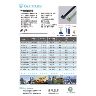 【捷諾克配材】GIANTLOK GT-370HD-PP 耐酸鹼束線帶 紮線帶 370 X 7.6mm 100入 商品品名 | 蝦皮購物