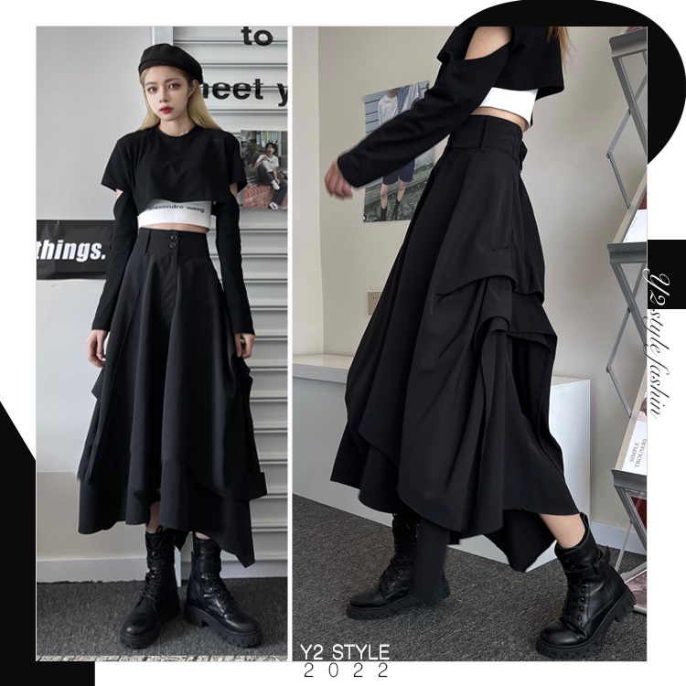 Y2 style ️腰鬆緊旁抓皺造型過膝裙長裙U ️Y2style歐美設計款寬鬆個性韓版中大尺碼【D16546】 | 蝦皮購物