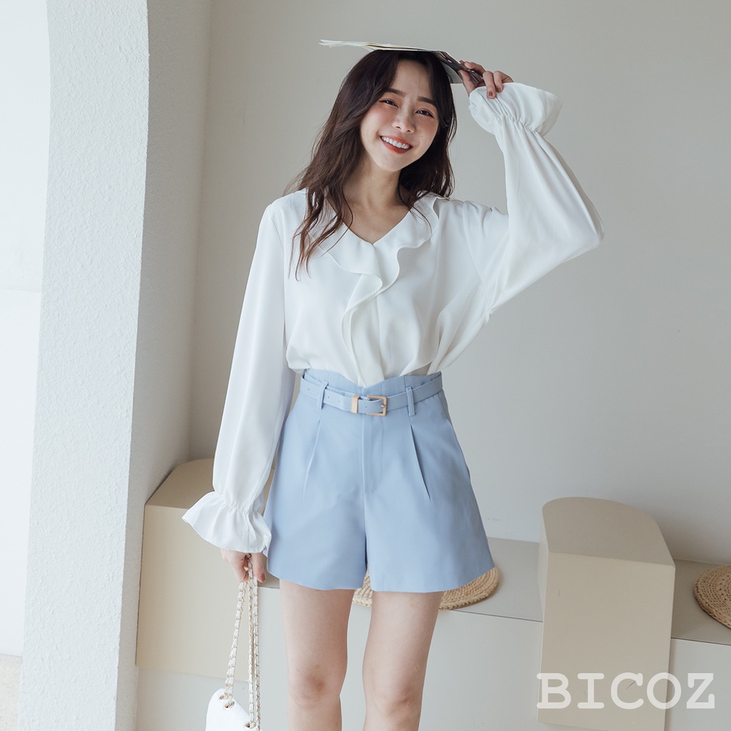 BICOZ｜質感高腰雪紡A字短褲 雪紡西裝短褲 皮帶短褲 三分短褲 高腰褲【227611】 | 蝦皮購物