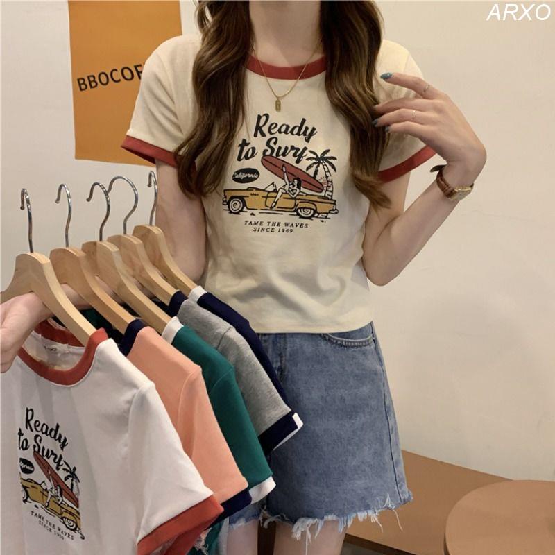 ARXO 女生短袖T恤 洋氣t恤女2022夏季新款復古趣味印花短款上衣百搭小心機圓領短袖 | 蝦皮購物