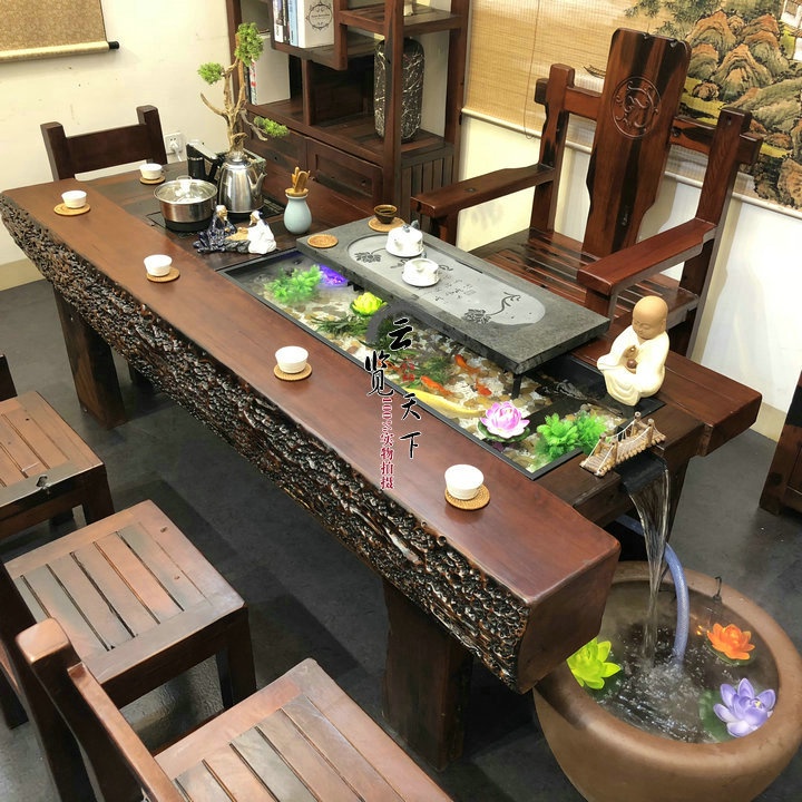 【老船木實木桌 茶桌 流水檯 功夫茶几 禪意桌】老船木流水茶臺循環養魚茶藝桌中式實木仿古功夫茶臺禪意泡茶桌 | 蝦皮購物