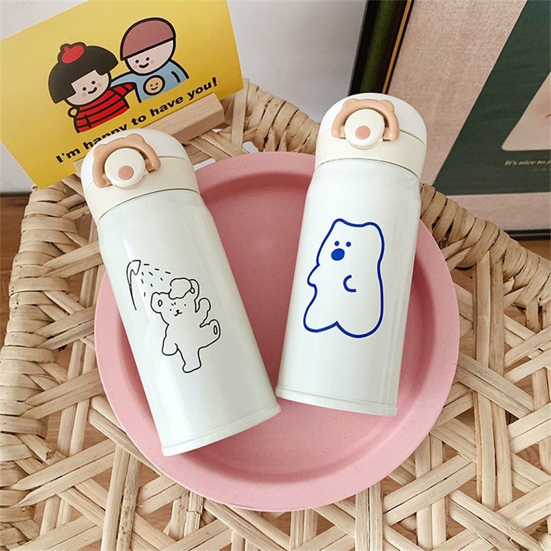 [海線日本樂園] 現貨 ins小熊 Bear [350ml] [450ml] 304直飲式不鏽鋼保溫杯 杯帶防摔保溫杯 | 蝦皮購物