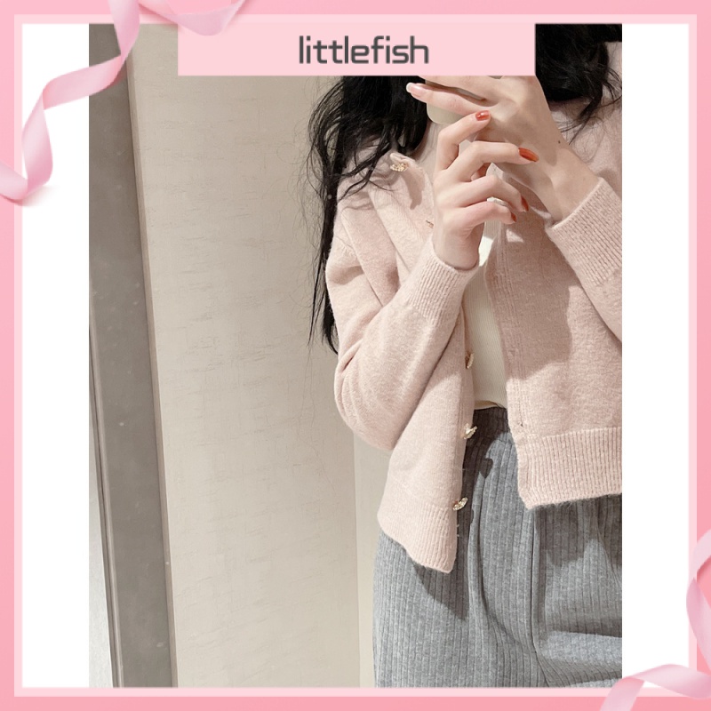 【littlefish】"Sakura櫻花" 立體 桃心 金屬扣 特別的~素色針織毛衣 小外套 針織外套女外套 針織毛 | 蝦皮購物
