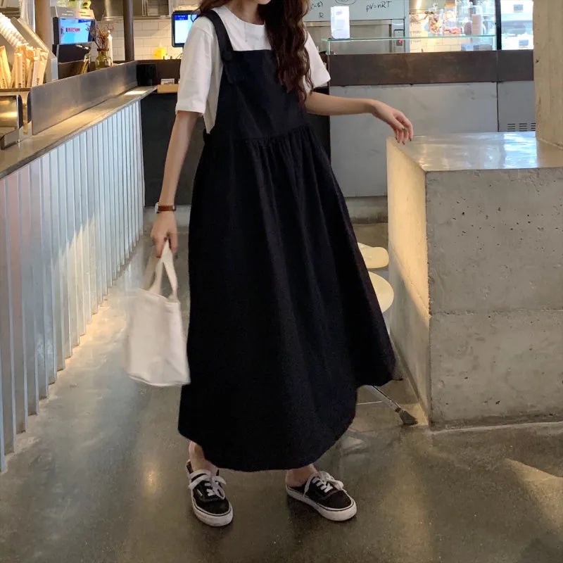 L~4XL 大尺碼 女生短袖套裝 韓版 寬鬆 短袖T恤+揹帶裙 兩件套 學院風 時尚百搭 顯瘦 遮肚 洋裝 ins潮 上 | 蝦皮購物