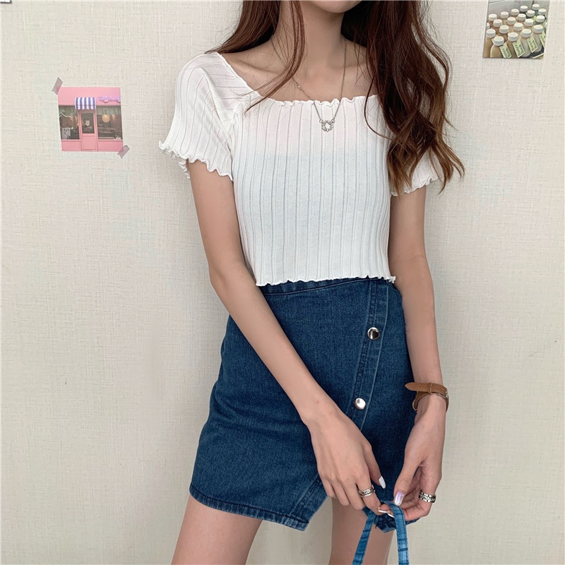 Waroom|現貨 S87 韓版捲邊短版短袖針織上衣|修身顯瘦|短款上衣|花邊|木耳邊|坑條上衣|短袖上衣|彈性|露臍 | 蝦皮購物