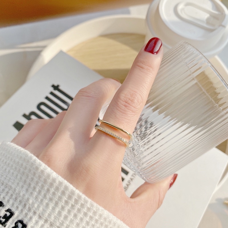 台灣現貨 設計感雙層戒指 J03 簡約小方戒鋯石滿鑽微鑲閃金屬波浪開口戒指♚Yu識美♚ | 蝦皮購物