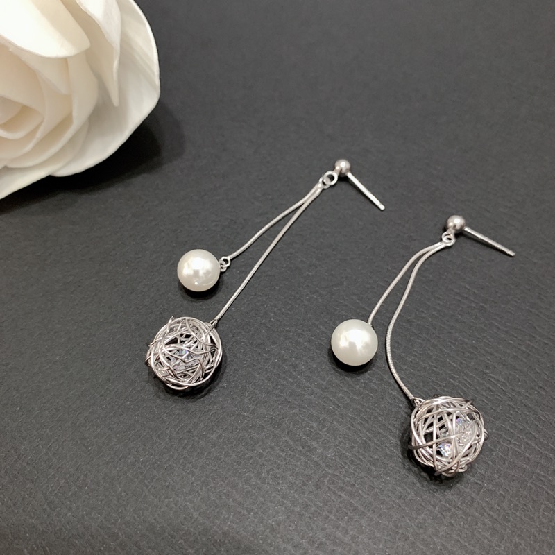 【S&P store】純銀925 材質/珍珠 編織球鑽長鏈耳針式耳環 紮起馬尾超有氣質 A53 | 蝦皮購物