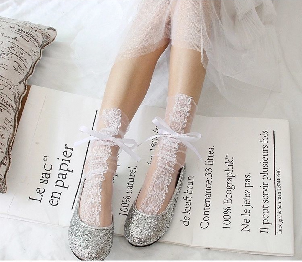 【AS1241】日單春夏性感中間蕾絲綁帶蝴蝶結網紗時尚堆堆中筒襪‧3色 (現+預) | 蝦皮購物