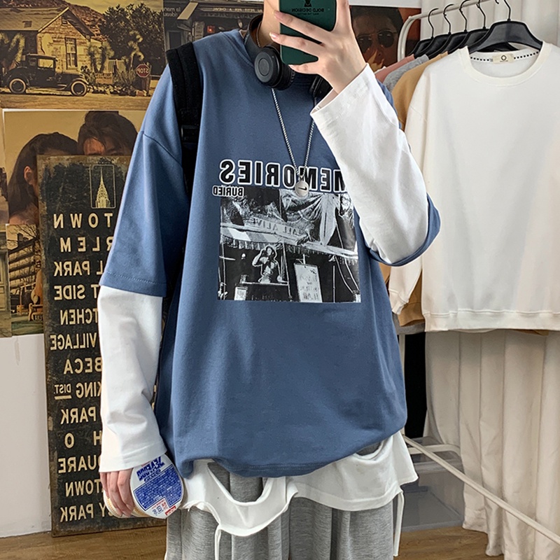 @木吉街風男裝 男上衣T恤 長袖【M-5XL】大碼加肥胖子 秋季假兩件長袖T恤男韓版寬松潮流Ins嘻哈原宿港風百搭衛衣 | 蝦皮購物