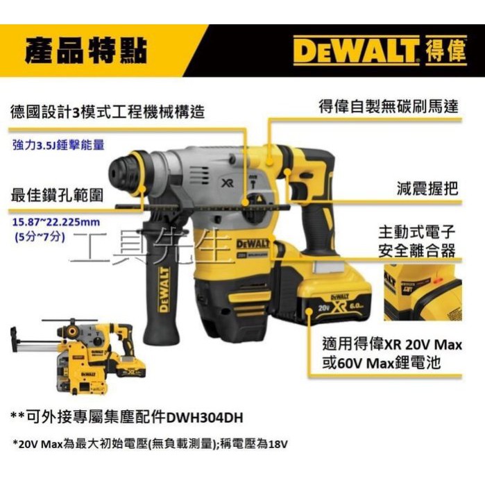 含稅／DCH293／單主機【工具先生】DEWALT 得偉／18V 充電式 四溝 免出力 鎚鑽 三用款 震動.非震動.鑿打 | 蝦皮購物