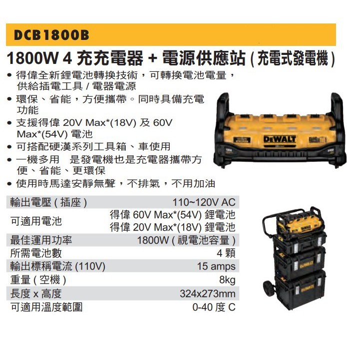 ∞沙莎五金∞ 美國 DEWALT 得偉 DCB1800 充電式發電機 20V~60V通用 靜音式發電機 | 蝦皮購物