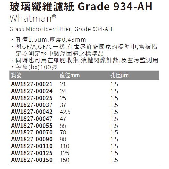 《Whatman®》玻璃纖維濾紙 Grade 934-AH Glass Microfiber Filter, Grade | 蝦皮購物