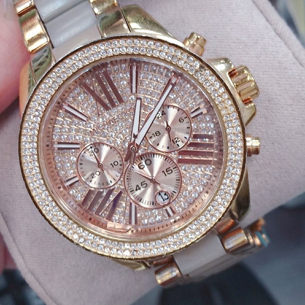 再降價.... 少一顆鑽 207-盒裝Michael Kors 手錶 MK6096 鑲鑽奢華圓盤日曆日期三眼 粉 | 蝦皮購物