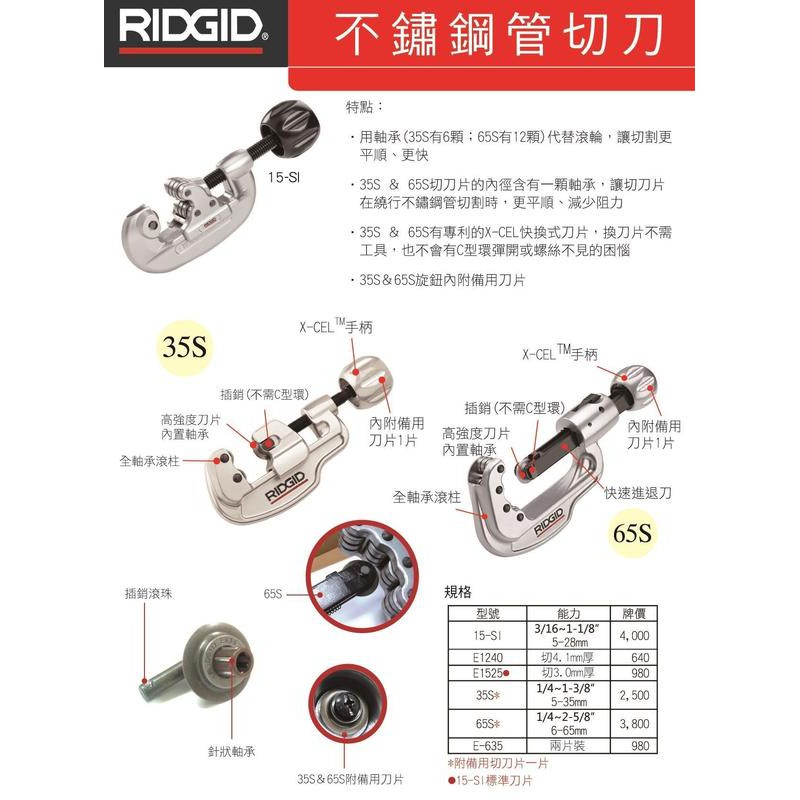 【優質五金】 美國里奇RIDGID 35S(29963)雙培林專業切管刀 銅管切刀 切管器 切管能力：5~35mm | 蝦皮購物