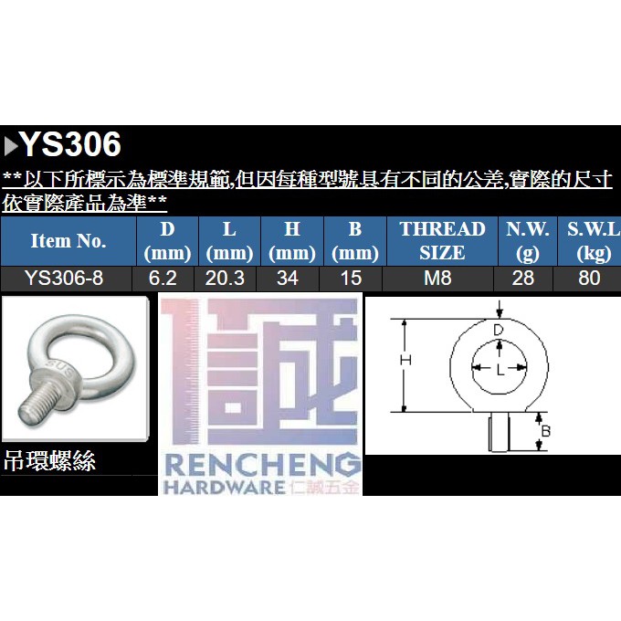 「仁誠五金」附發票 YS306 白鐵吊環螺絲 8mm 不銹鋼 吊帽 不鏽鋼 掛勾 台灣製 ST 掛環 M8 凸牙 吊環公 | 蝦皮購物