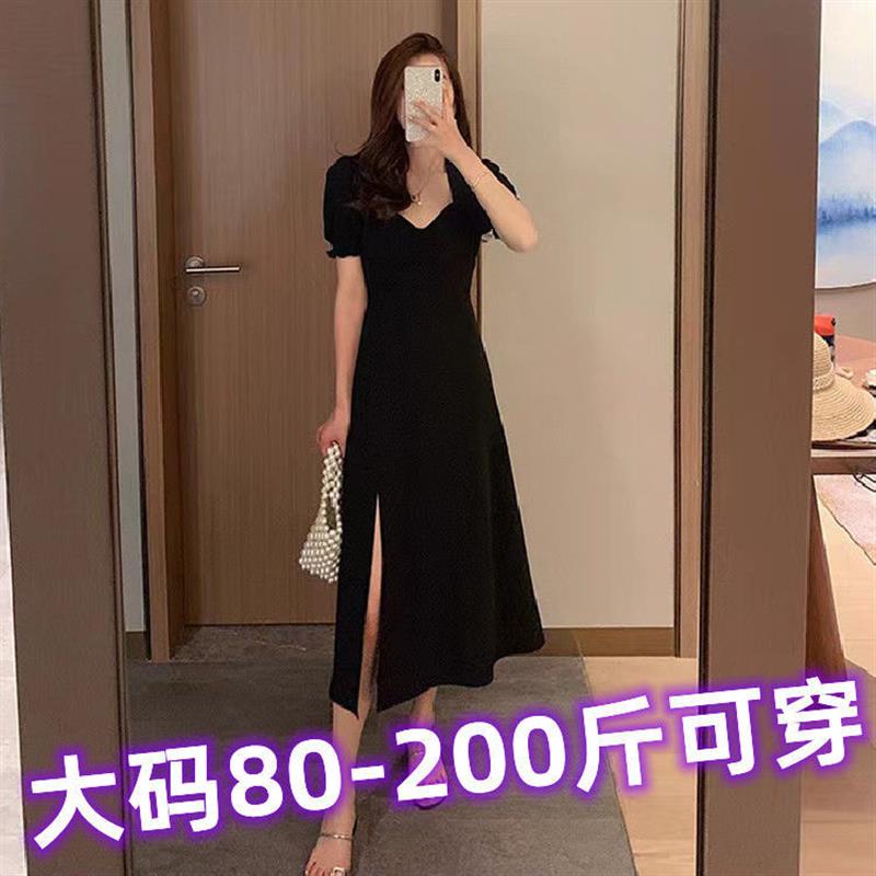 Qurora M-4XL 100公斤 大尺碼洋裝長裙 開叉洋裝 設計感裙子 V領連衣裙 法式方領顯瘦赫本風泡泡袖開叉裙子 | 蝦皮購物