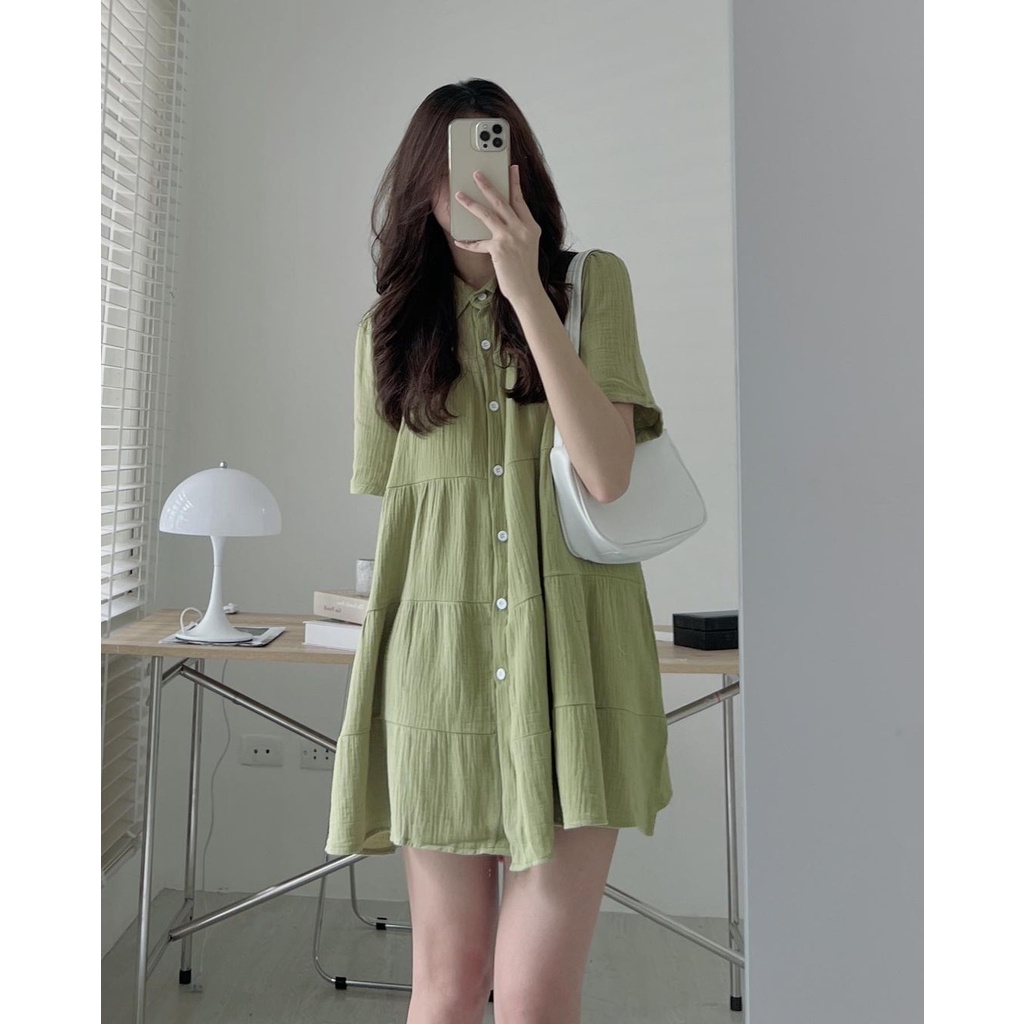 【太妮絲TINY GIRLS】F167/現貨/韓系/翻領洋裝/氣質/單排釦襯衫/韓妞必備/蛋糕裙/ins/chic/法式 | 蝦皮購物