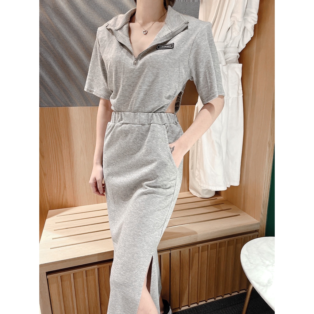 (現貨)24H出貨 韓版 ins 超火 設計感 小眾 拉鍊領露腰T+側叉長裙 2件式 休閒 套裝 | 蝦皮購物