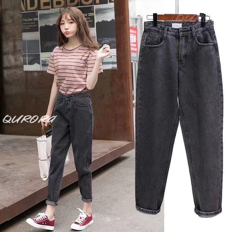 Qurora S-4XL 大尺碼牛仔褲女 胖mm大碼200斤夏季彈力牛仔褲女高腰寬松顯瘦哈倫學生韓版九分褲 單寧牛仔長褲 | 蝦皮購物