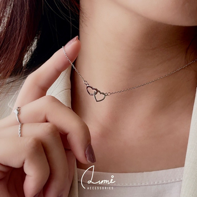 [ALUMI] 心連心｜S925純銀 雙愛心造型項鍊 鎖骨項鍊 短項鍊 飾品 | 蝦皮購物