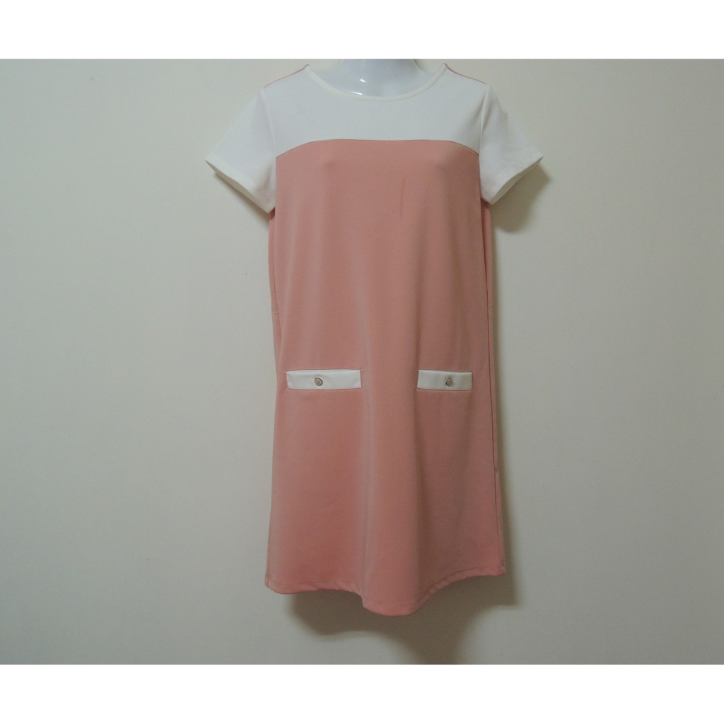 小娃菇菇~DRS010~近全新專櫃NET連身短袖白色拼粉紅色洋裝 S號 版型挺 修身顯瘦 36吋 長版合身休閒洋裝 | 蝦皮購物