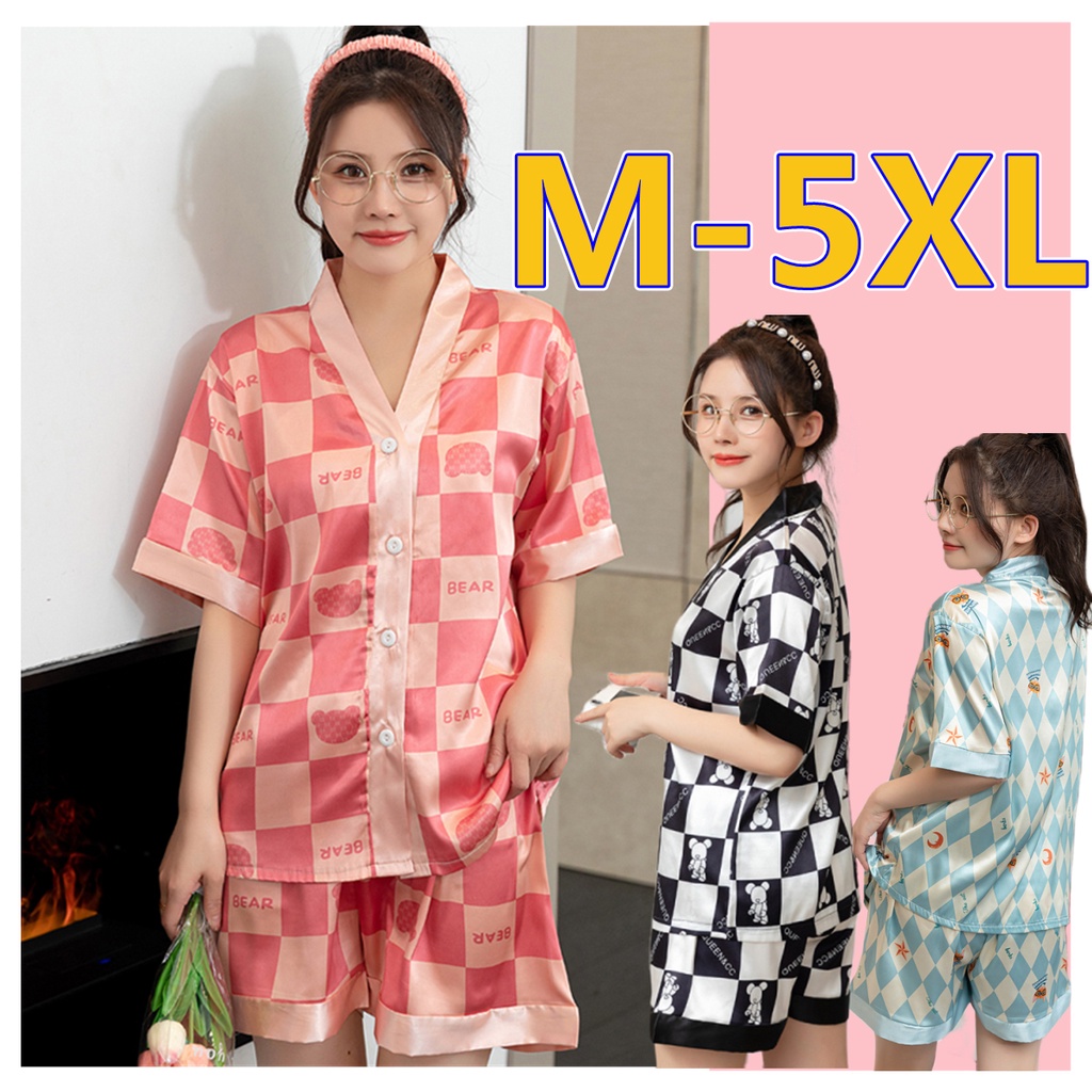 M-5XL 大呎碼 高級感 冰絲睡衣 短袖短褲 睡衣套裝 韓版 寬鬆 ins簡約風 格紋 居家服 可外穿 大碼 女生睡衣 | 蝦皮購物