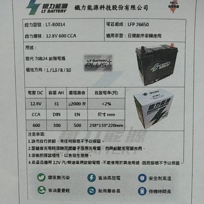 聊聊可議 鐵力 鋰鐵電瓶 LT-B0014-L(70B24L適用) | 蝦皮購物