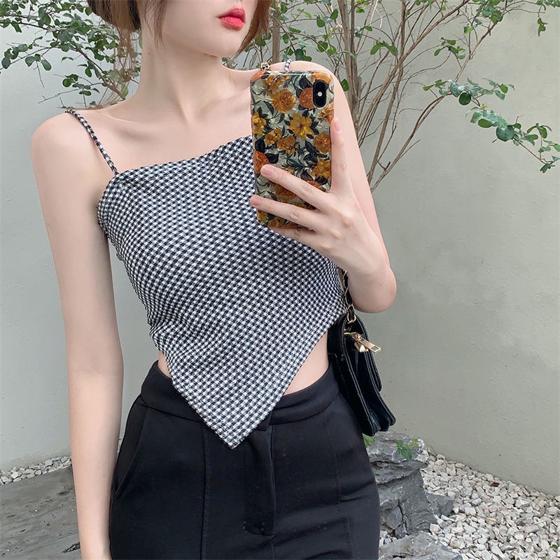 L~4XL 大碼 女生吊帶背心 韓版 寬鬆 格子 小可愛背心 學生 時尚百搭 ins潮 性感 港風復古 小肚兜 短版上衣 | 蝦皮購物