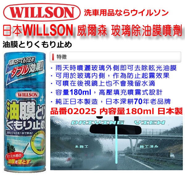 和霆車部品中和館—日本 Willson 威爾森 多用途 玻璃油膜去除劑/玻璃內側防霧劑/後視鏡撥水劑 02025 | 蝦皮購物