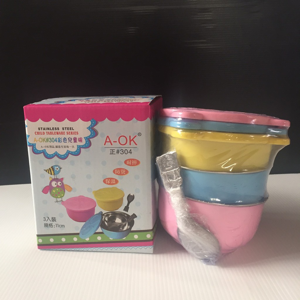 現貨 A-OK 304不鏽鋼彩色兒童碗組 304馬卡龍兒童隔熱碗組（3入、附蓋、湯匙） | 蝦皮購物