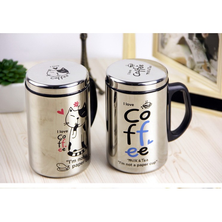 【CP值百貨商店】韓系不銹鋼可愛咖啡貓不鏽鋼水杯【300ml不挑款禮盒包裝】隔熱不銹鋼水杯300cc(含蓋)無捲邊不藏污 | 蝦皮購物