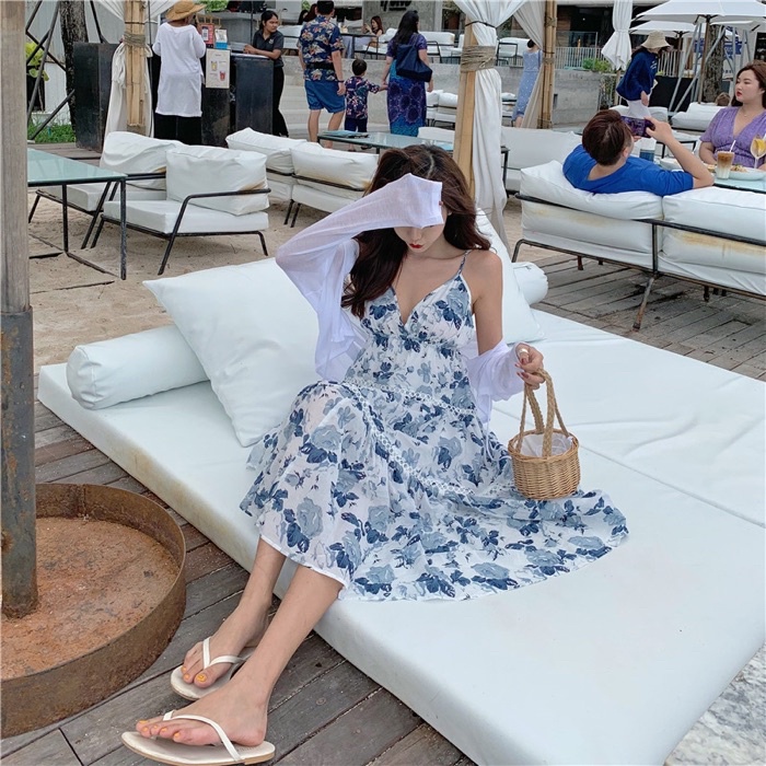 🎀 Hanagirl 正韓 海灘度假必備 長洋裝 名媛風性感露背 禮服 深玫瑰花雪紡洋裝 沙灘洋裝 I118 | 蝦皮購物