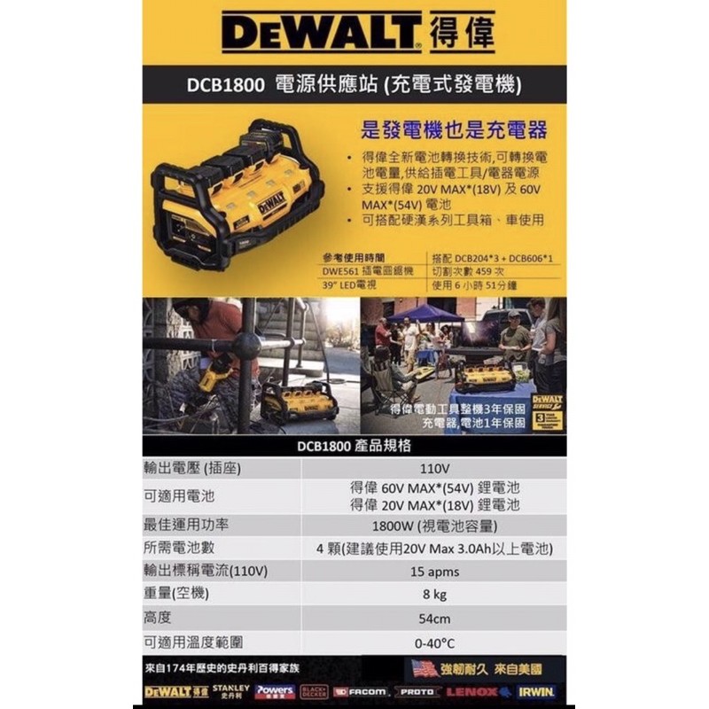 全新-美國 DEWALT 得偉 行動電源充電霸 DCB1800 鋰電池充電器 充電式發電機（台灣公司貨）含稅附發票 | 蝦皮購物